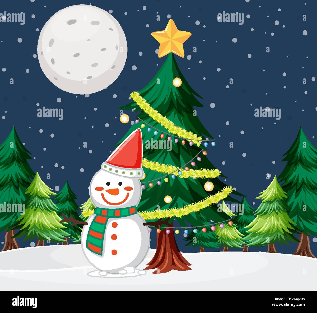Snowman under Christmas tree outdoor background illustration Stock ...