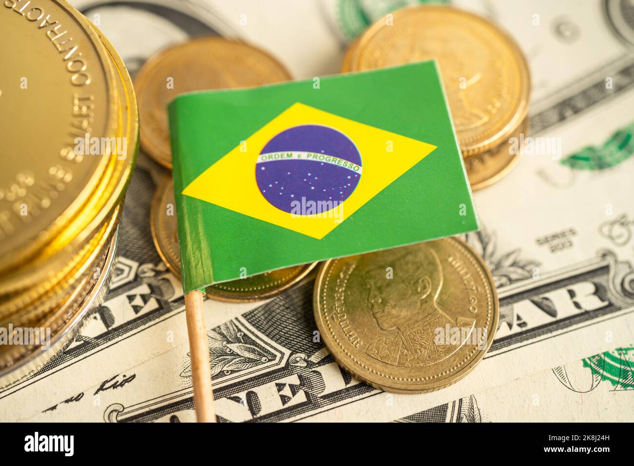 Stack of coins money with Brazil flag, finance banking concept Stock ...