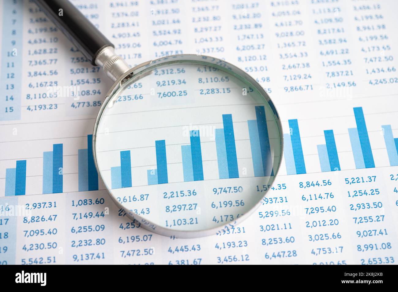 Magnifying glass on chart graph spreadsheet paper. Financial ...