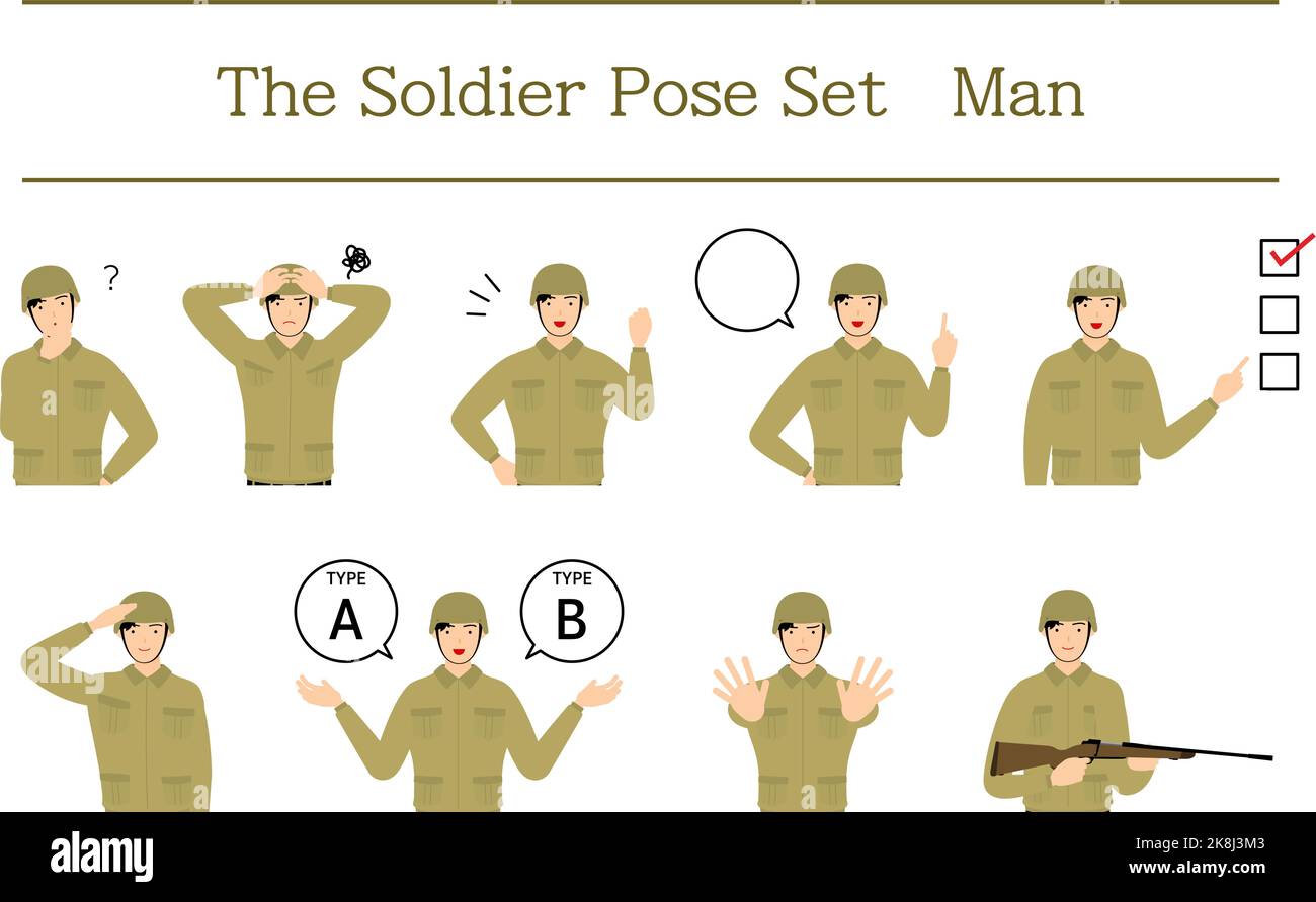 Male Soldier Pose Set, questioning, worrying, encouraging, pointing ...