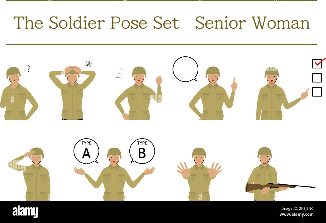 Senior Female Soldier Pose Set, questioning, worrying, encouraging ...