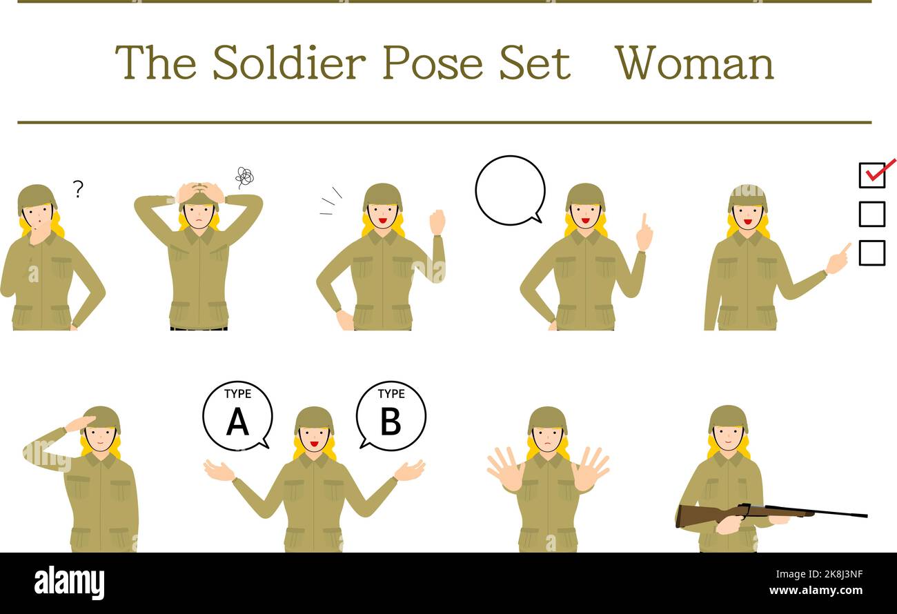 Female Soldier Pose Set, questioning, worrying, encouraging, pointing ...