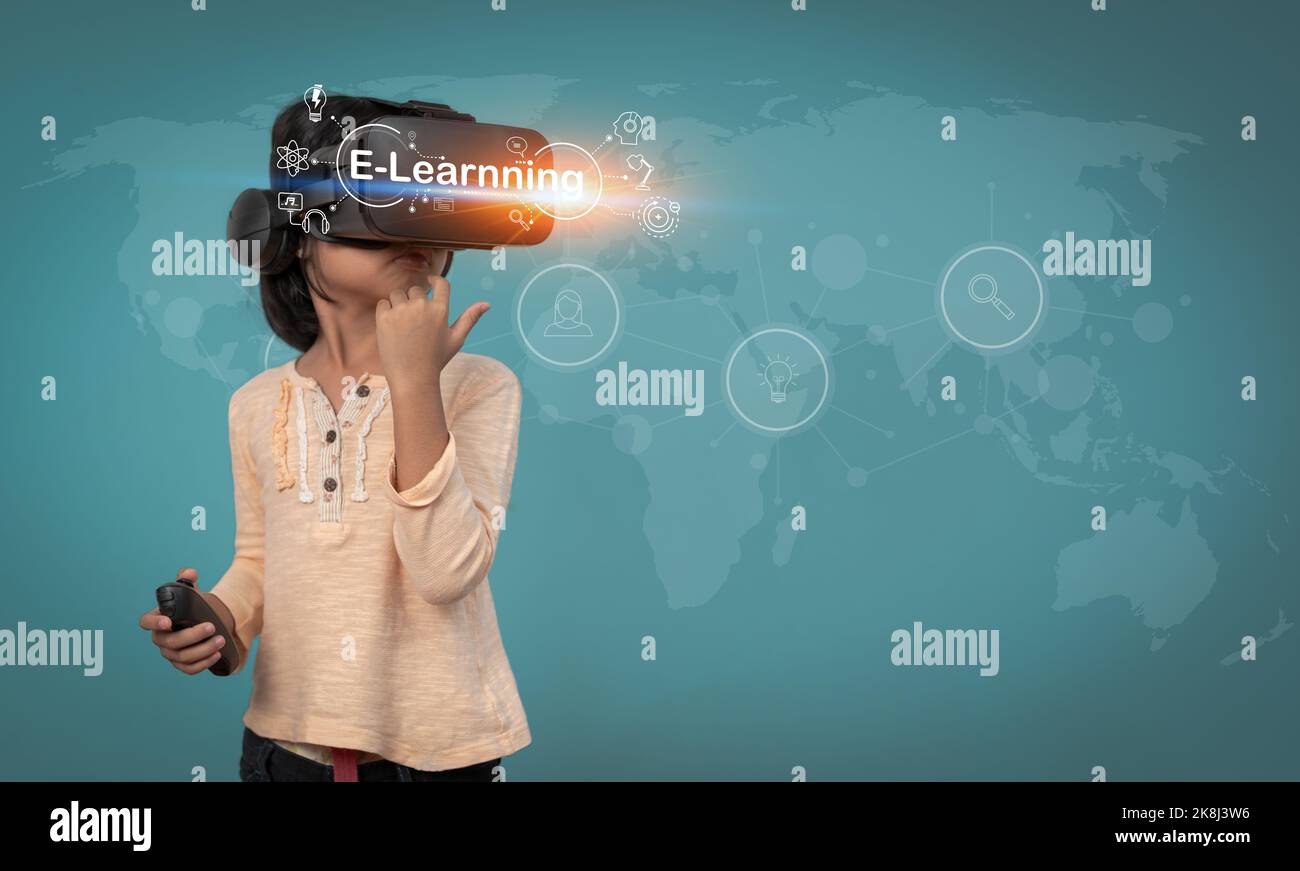 Little Asian girl child with virtual reality headset is exciting for ...