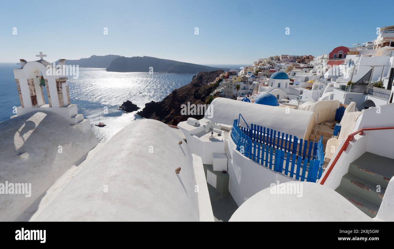 Town of Oia and Caldera view as seen from church roof top with church ...
