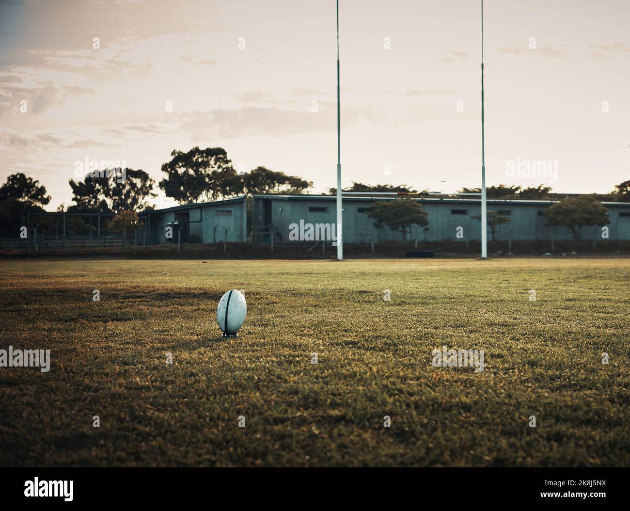 Its about to go down. Still life shot of a rugby ball on an empty rugby ...