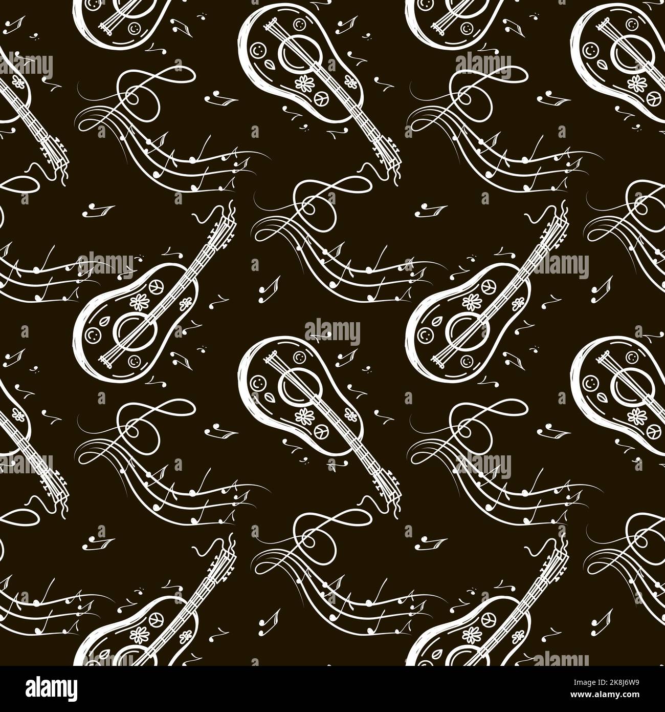 A seamless pattern of musical symbols, guitar, ukulele, notes, and ...
