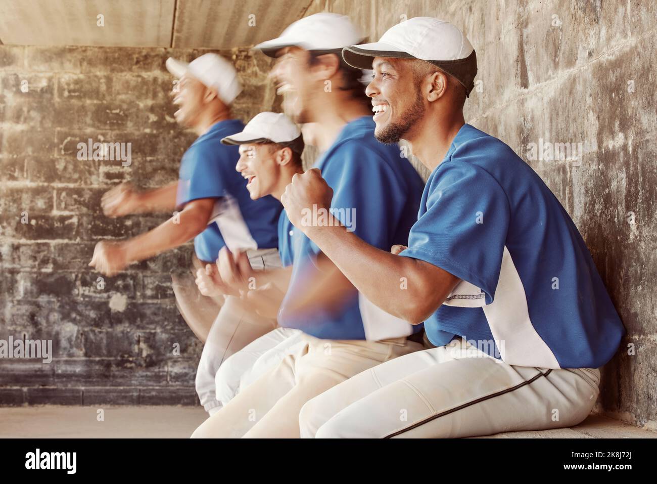 Sports celebration, baseball winner and team celebrate game victory ...