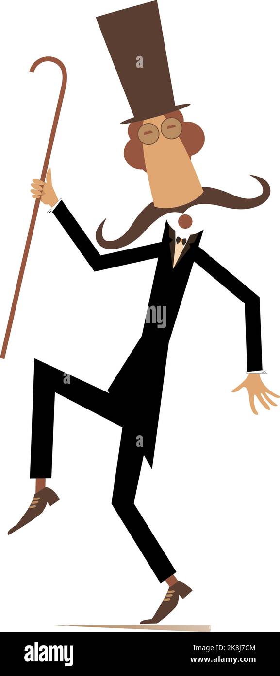 Walking mustache man in the top hat isolated illustration. Cheerfulness ...