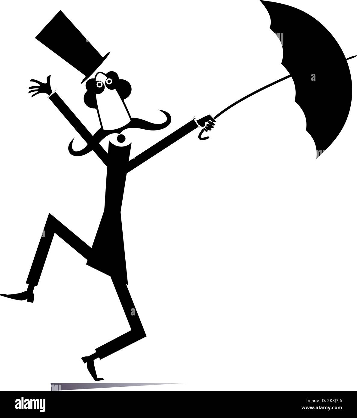 Cartoon Man Umbrella And Windy Day Isolated Funny Long Mustache Man In The Top Hat Staying On 