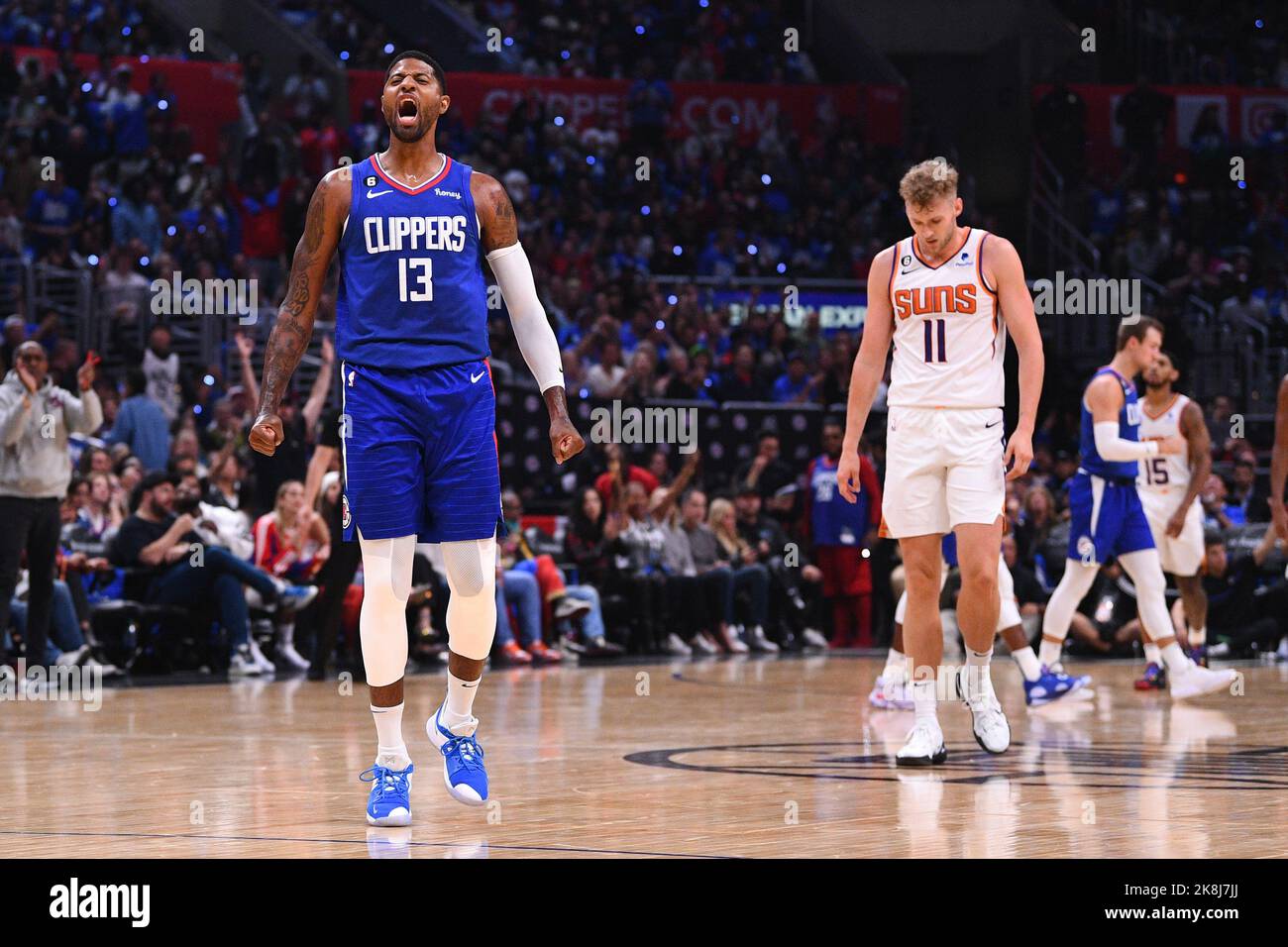 LOS ANGELES, CA - OCTOBER 23: Los Angeles Clippers forward Paul George (13) reacts after hitting ...