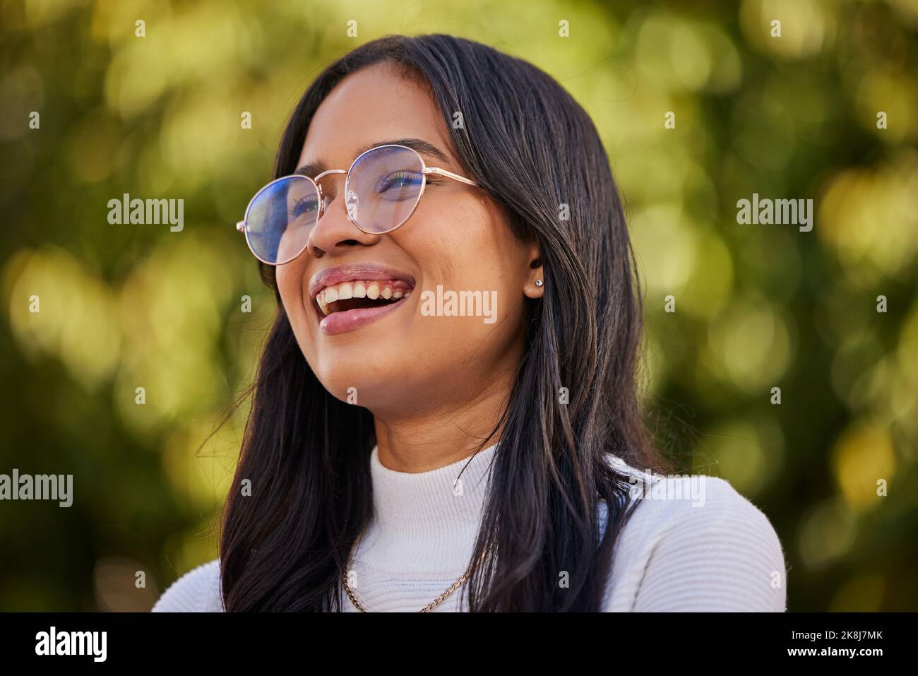 Happy, smile and face of woman in park for fun, adventure and relax ...