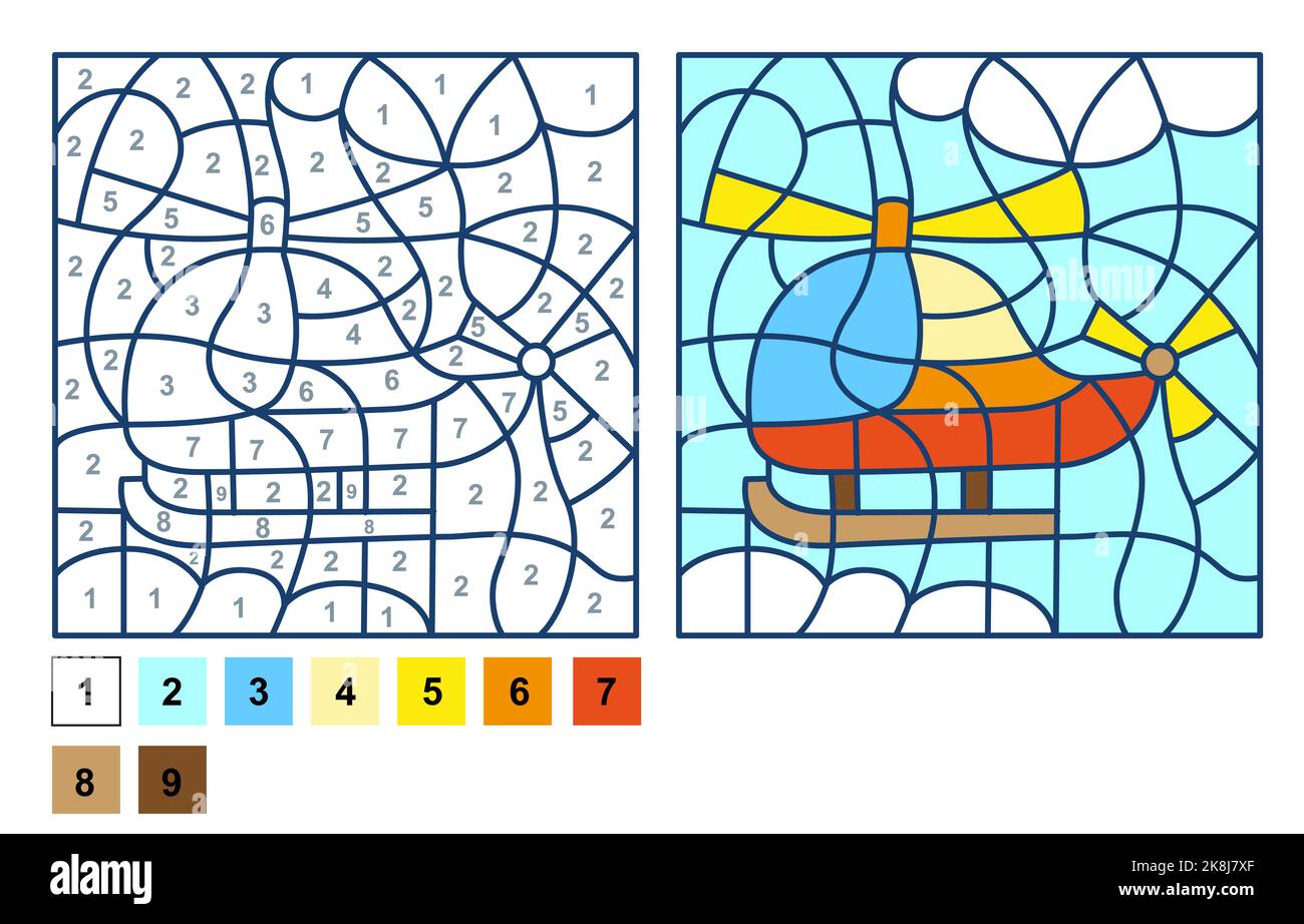 Puzzle game helicopter, color by number sheet for children. Vector ...