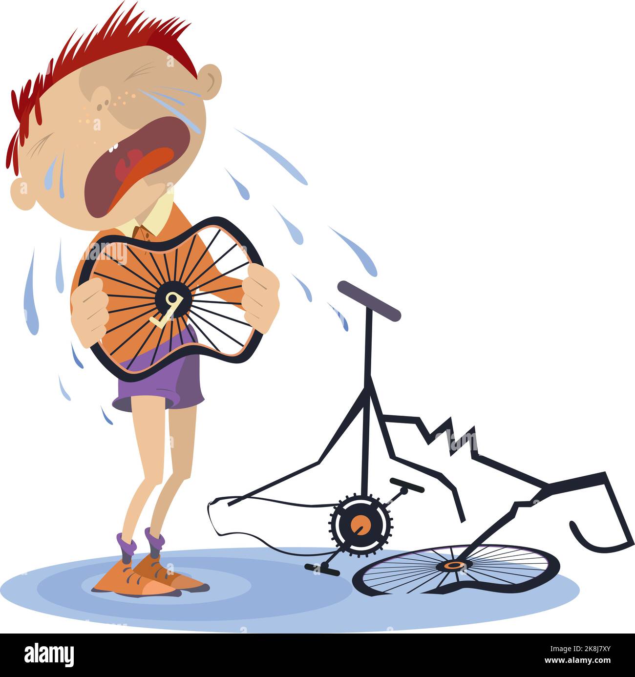 Crying cyclist and a broken bike. Crying cyclist standing near a broken ...