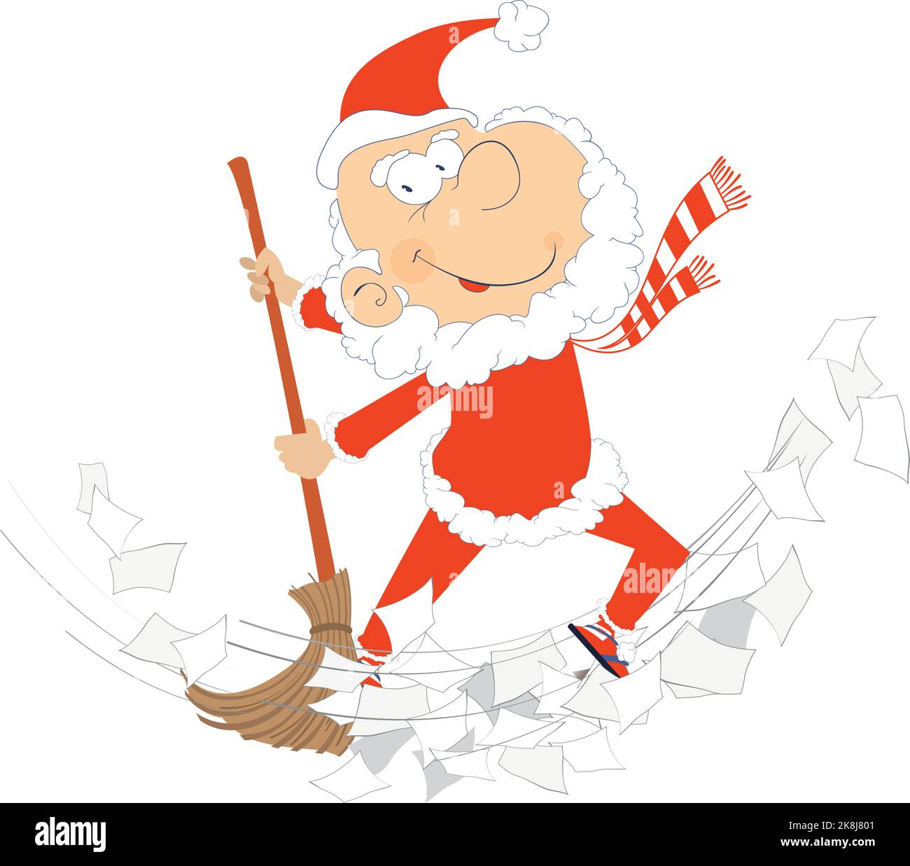 Cartoon Santa Claus tidying up illustration.Cartoon Santa Claus sweeps ...