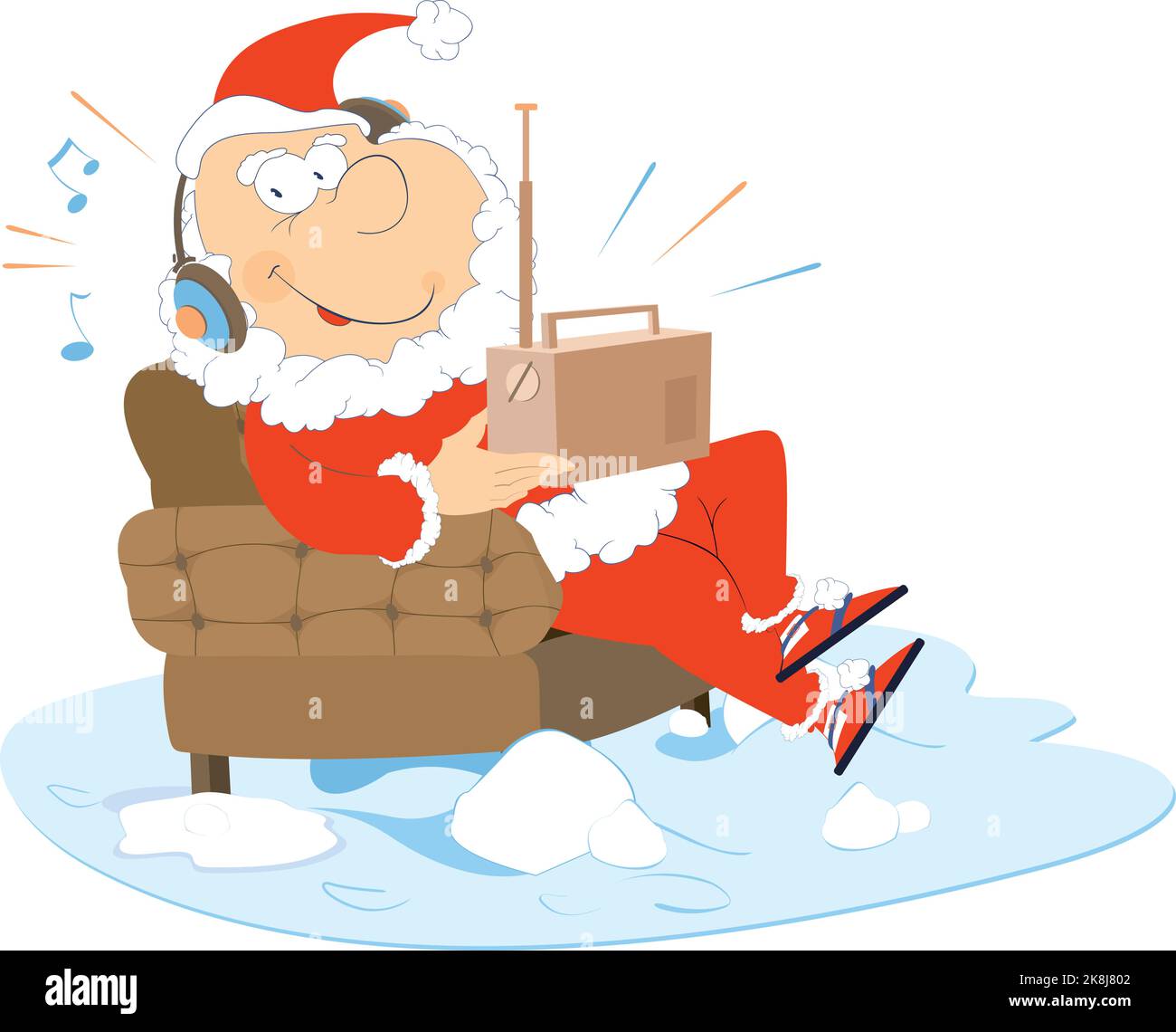 Listening the radio Santa Claus illustration. Smiling Santa Claus sits ...