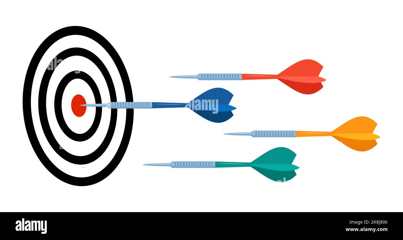 Darts hit to center of dartboard. Arrow on bullseye in target. Business ...
