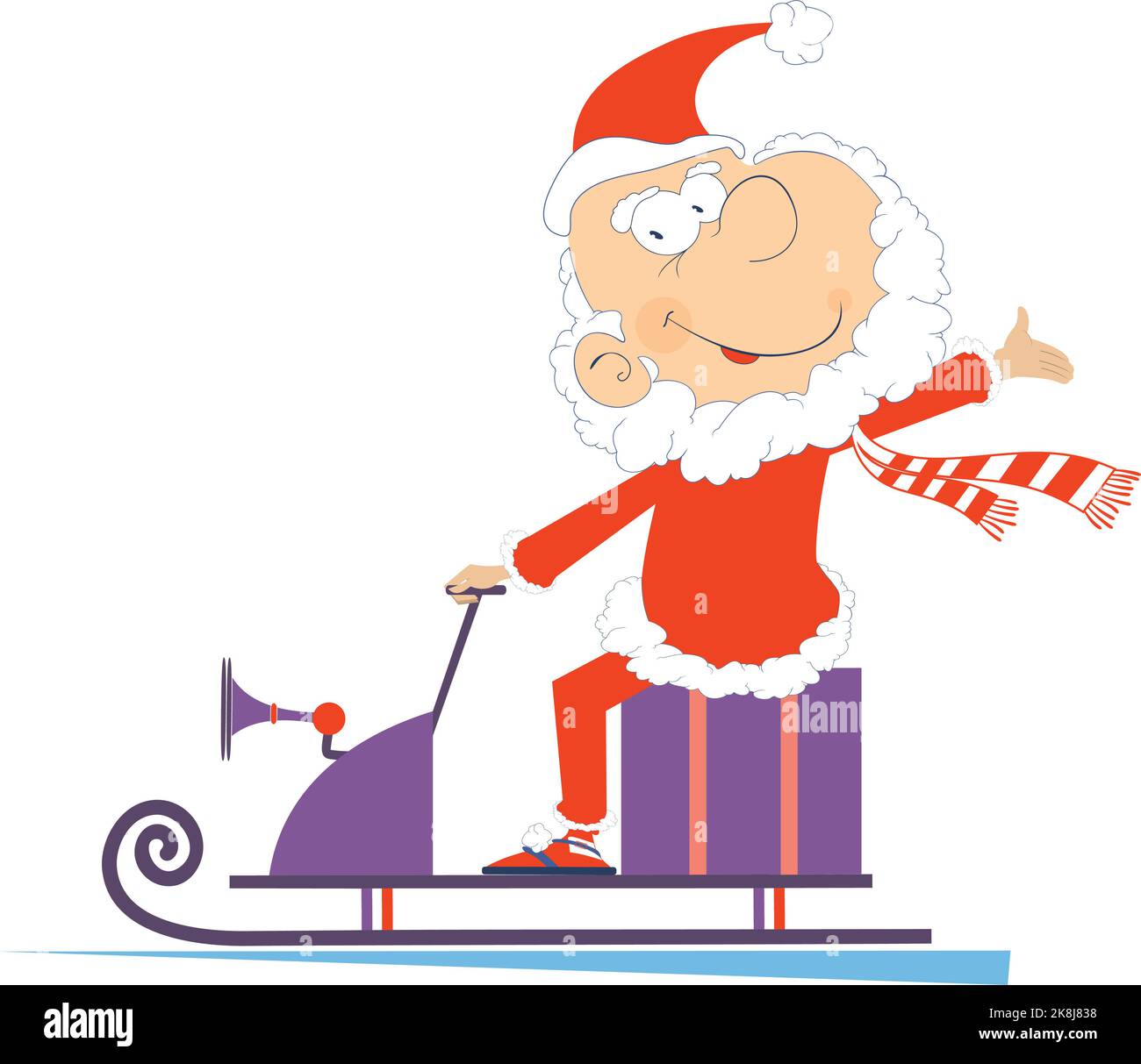 Cheerful Santa Claus rides on snowmobile illustration. Cartoon smiling ...
