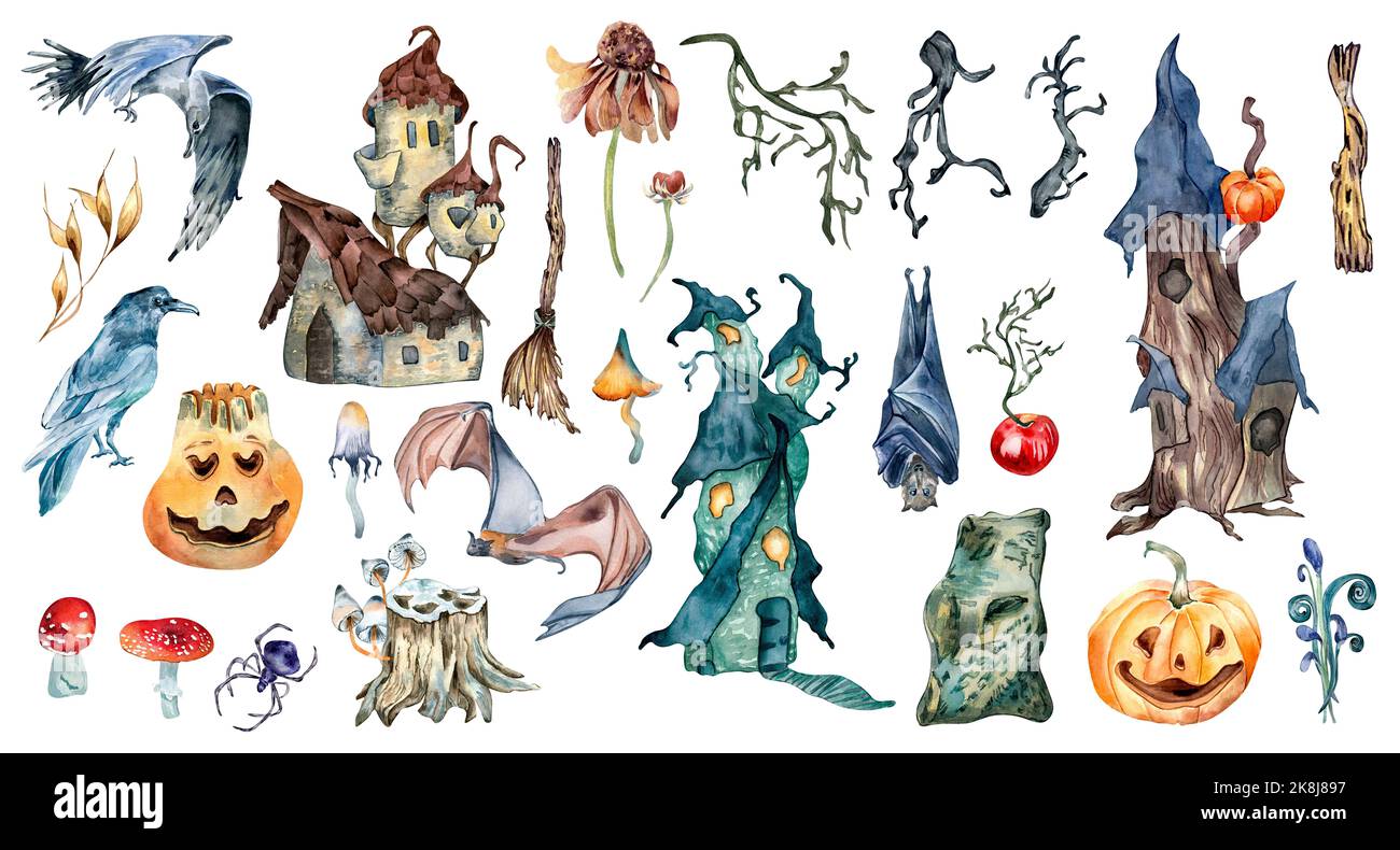 Colorful Halloween clipart with haunted house watercolor illustration ...