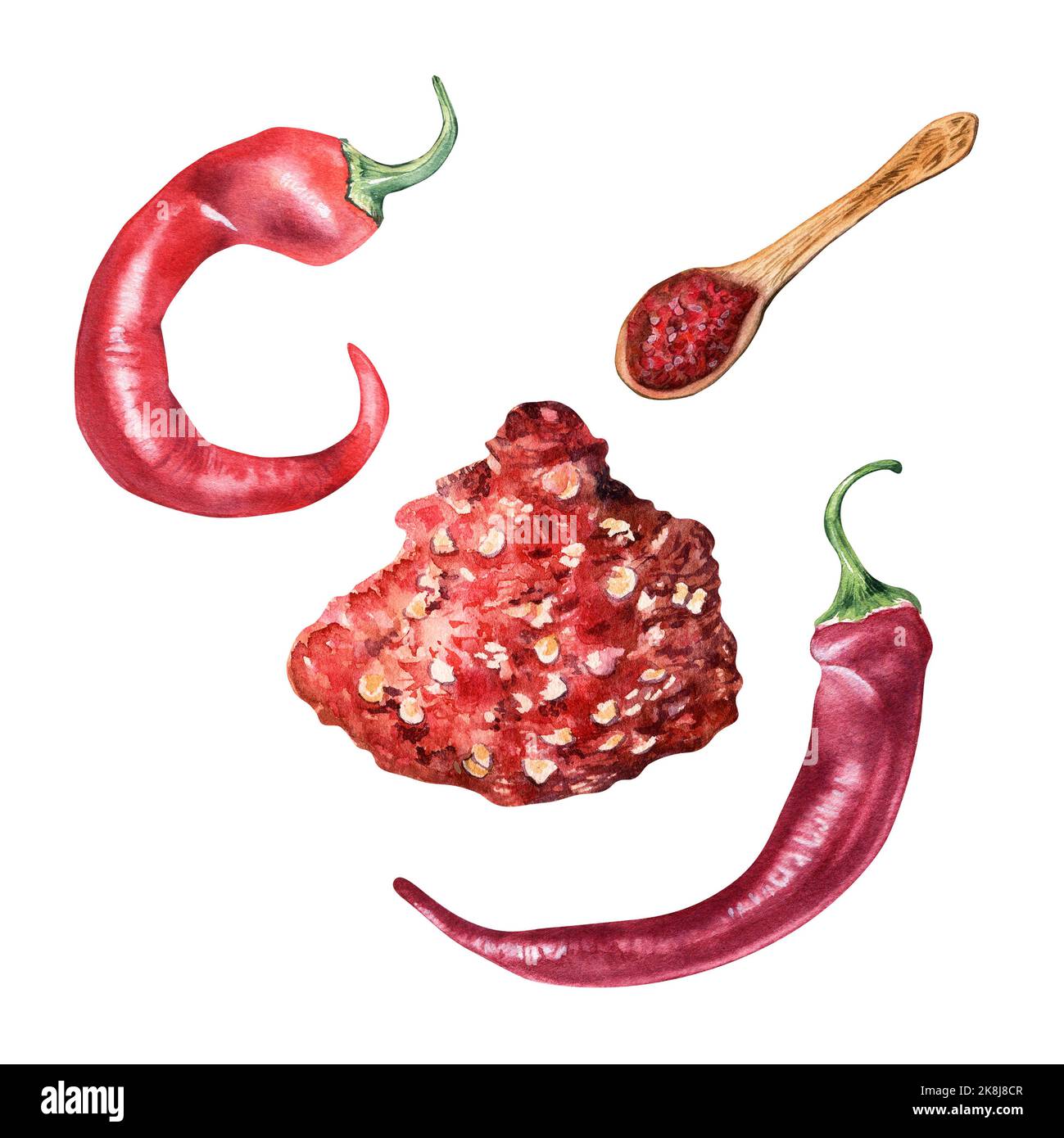 Powder red hot peppers in a bowl watercolor illustration isolated on ...