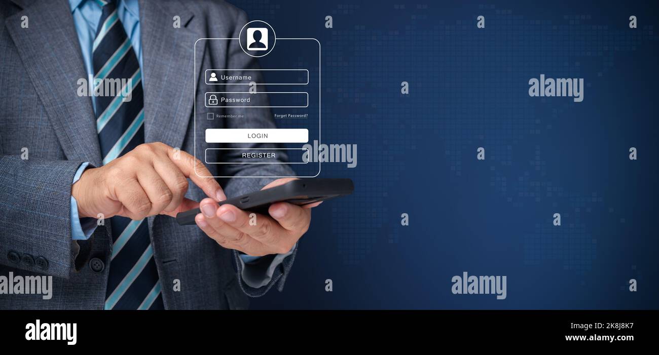 Businessman using smartphones to type user and passwords for login ...