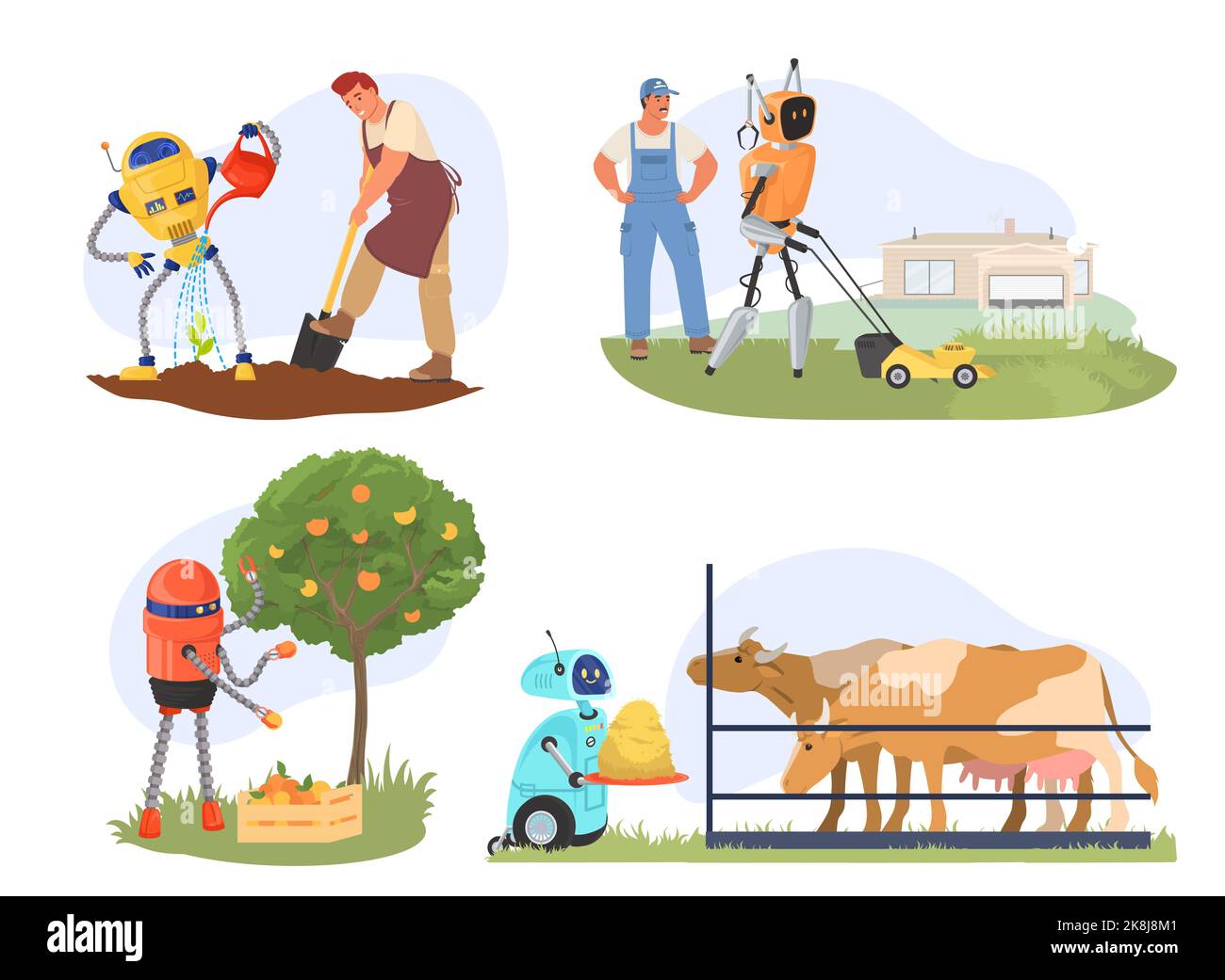 Automated farm life vector robot helping farmer Stock Vector Image ...