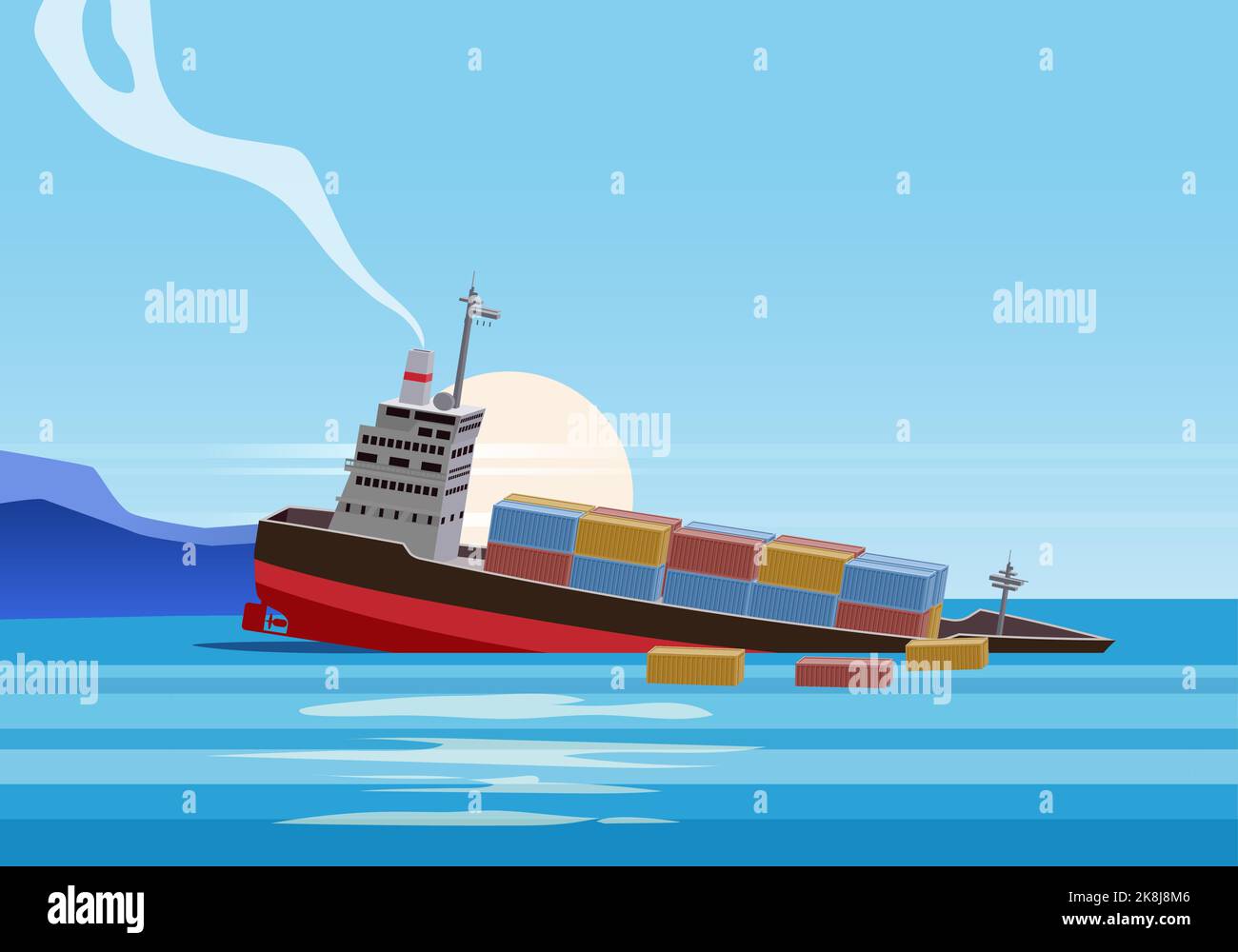 Shipwreck of cargo ship in ocean, vessel going under water and goods ...