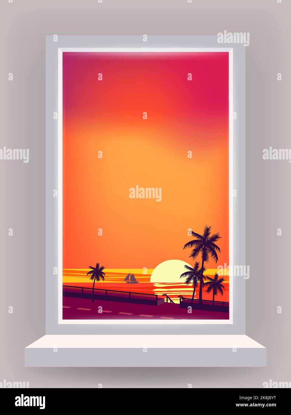 Window view interior, minimal tropical landscape, palms, sunset, cloud ...