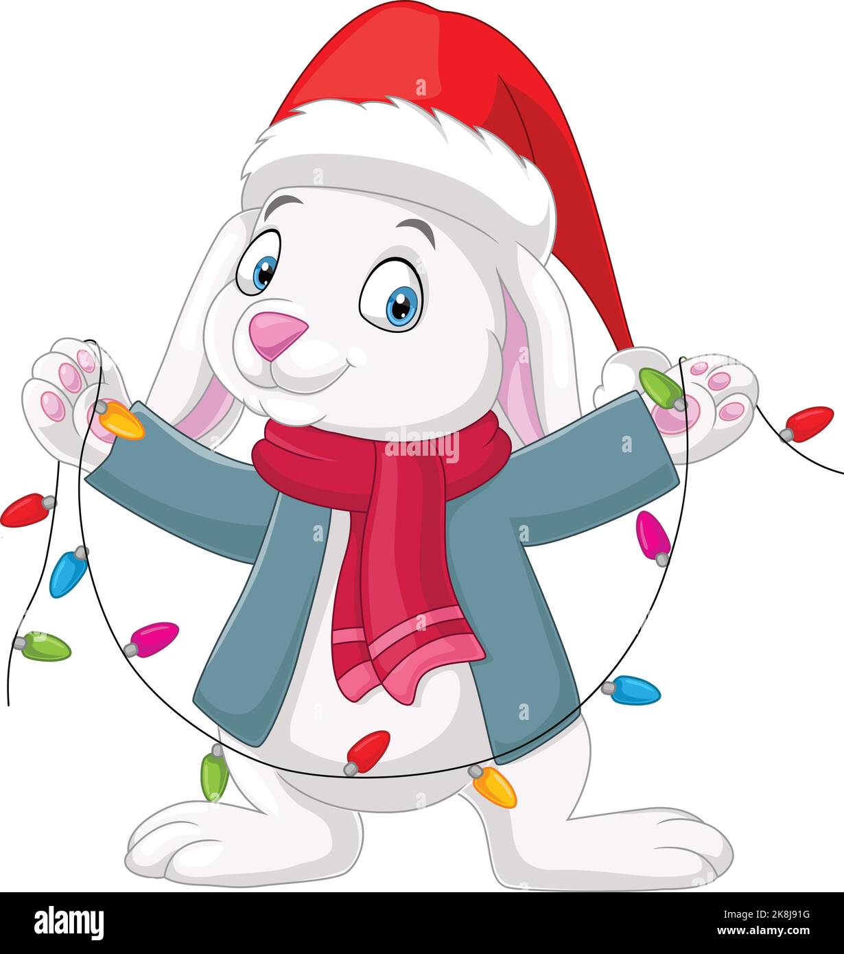 Cartoon rabbit wearing santa hat and scarf with christmas lights Stock ...