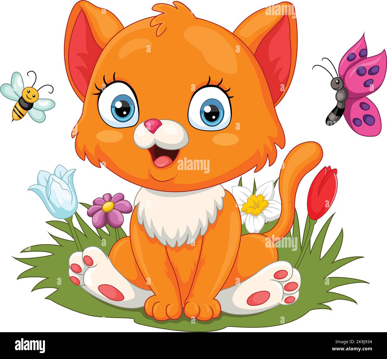 Cute little cat cartoon sitting in the grass Stock Vector Image & Art ...