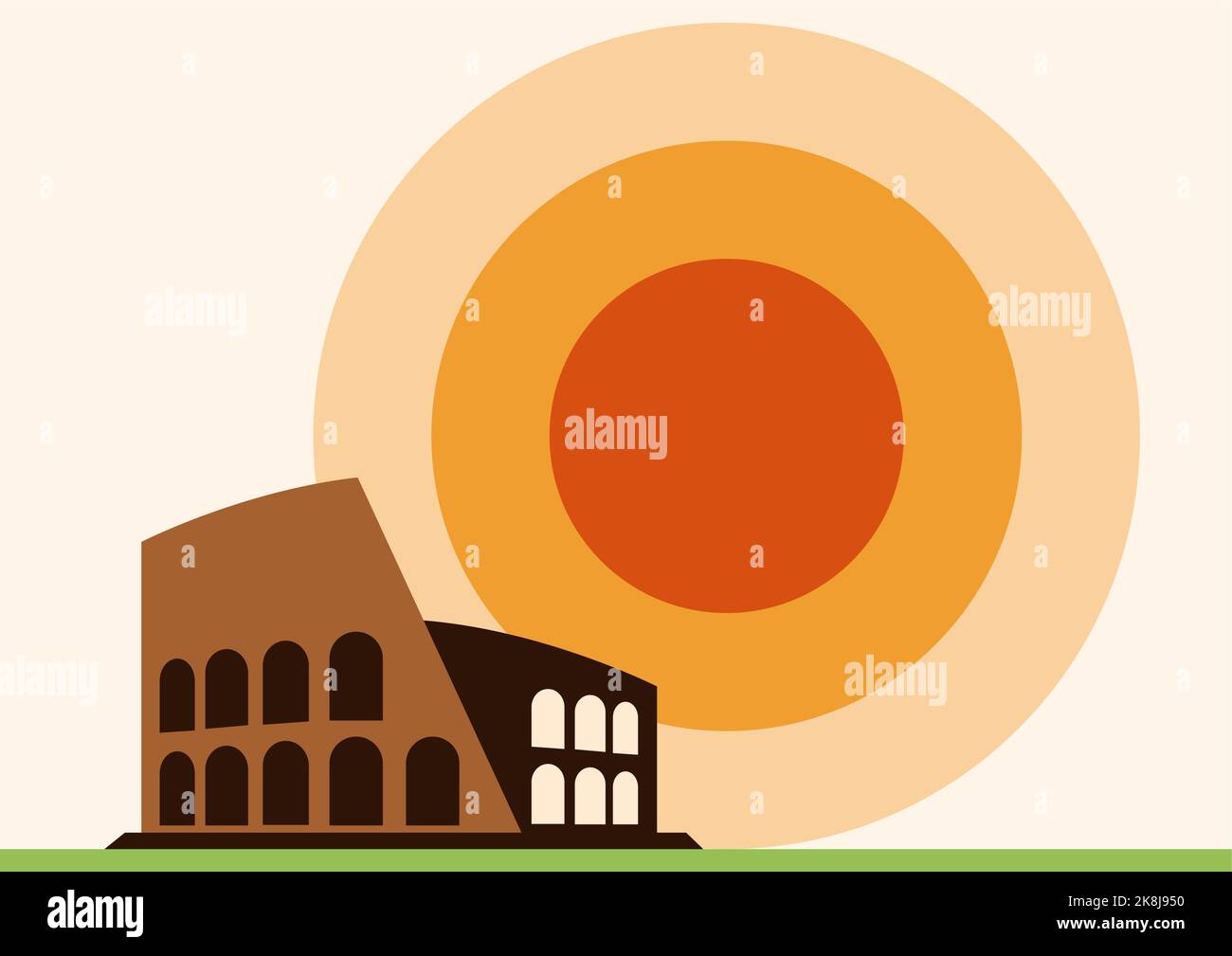 Colosseum, Rome. Roman summer, poster and cover with sun in flat design ...