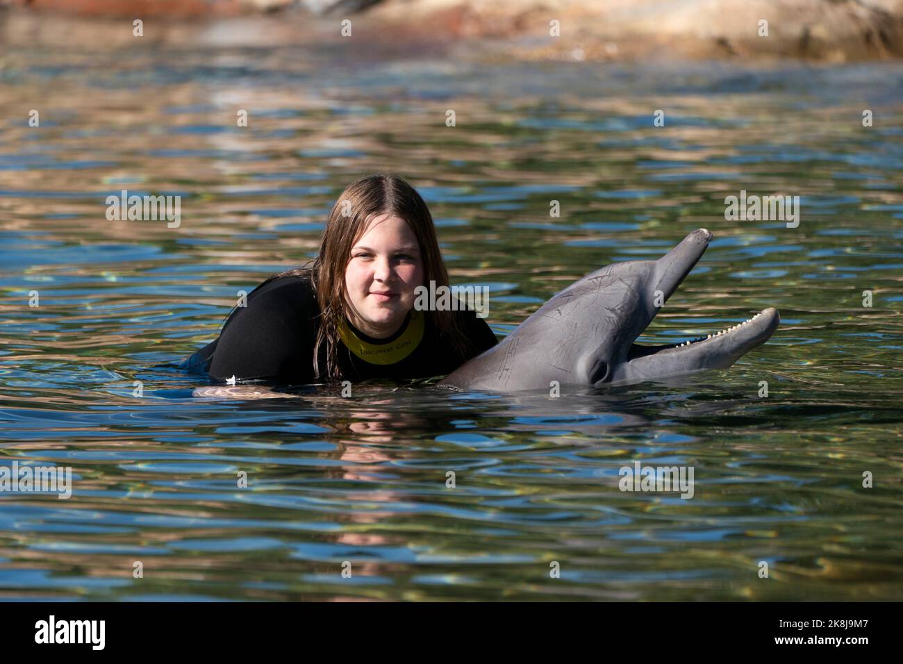 Skye Walker, 15, from Rotheram swims with a dolphin during the ...