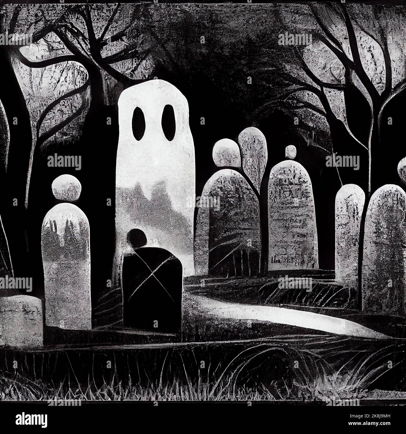 Black and white illustration of a huge white hungry ghost in a foggy ...