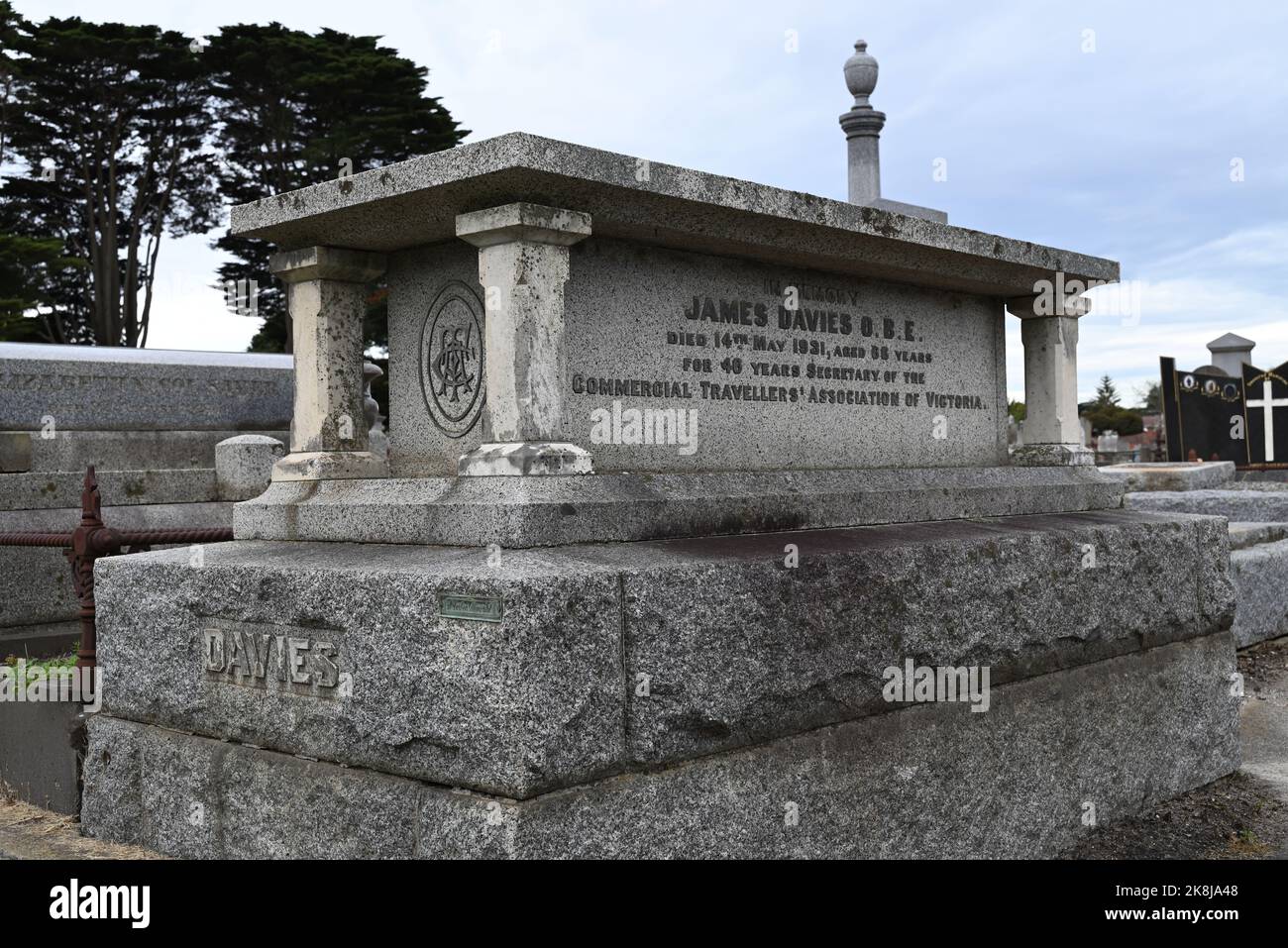 Grave of James Davies OBE, secretary of the Commercial Travellers' Association of Victoria ...