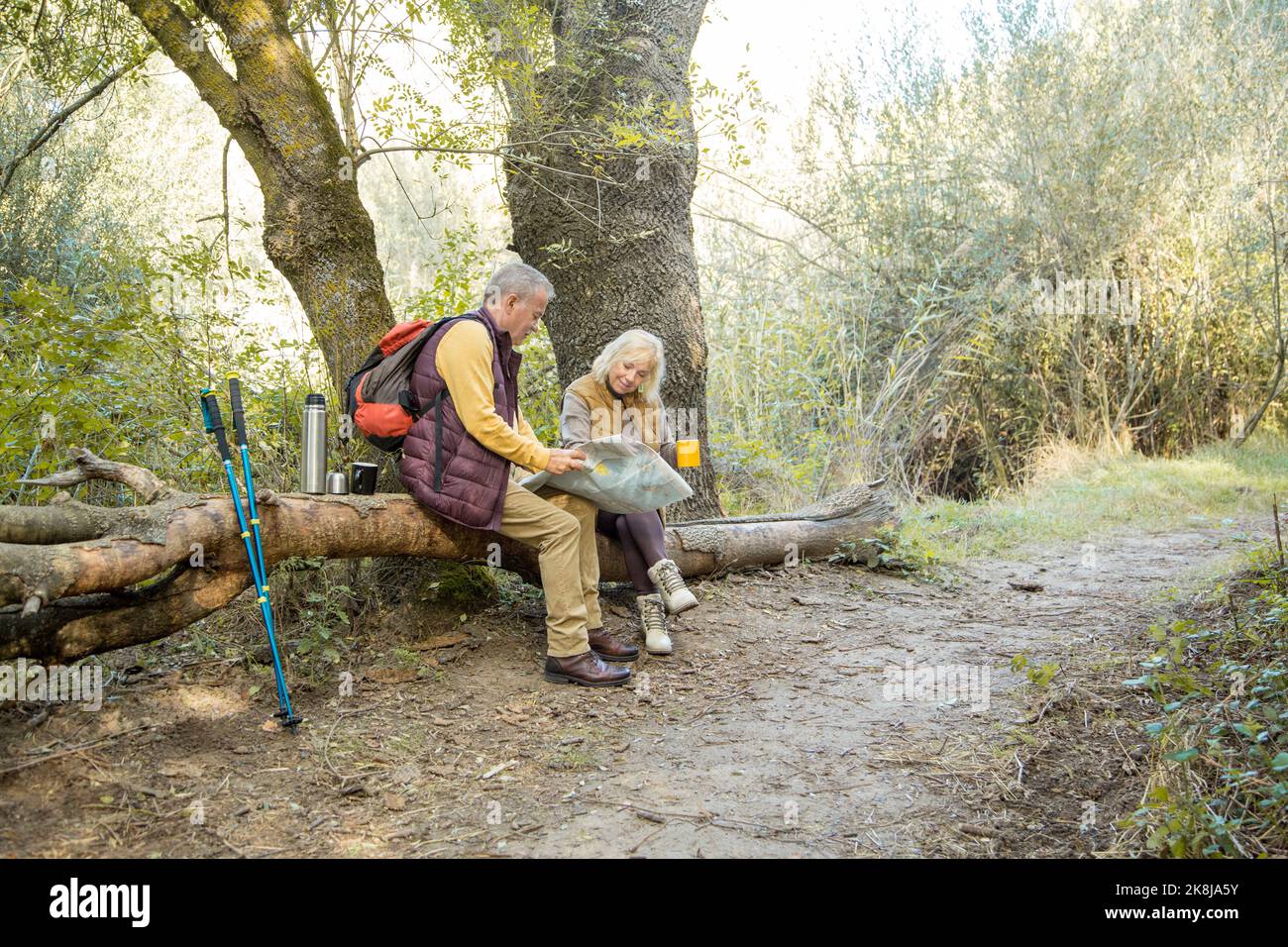 Photo with copy space of a couple checking the mountain route using a ...