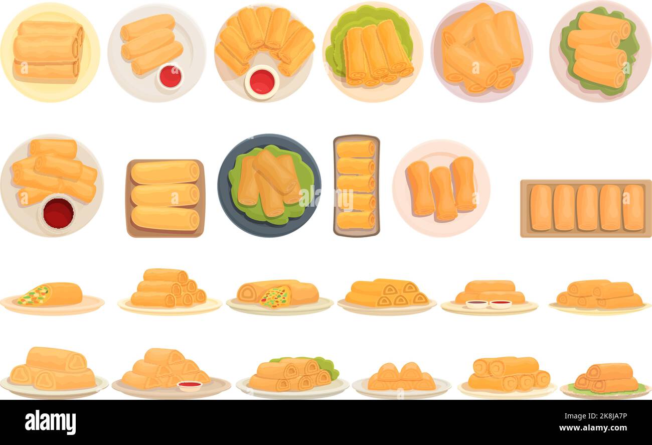 Spring roll icons set cartoon vector. Asia food. Cheese sauce Stock ...