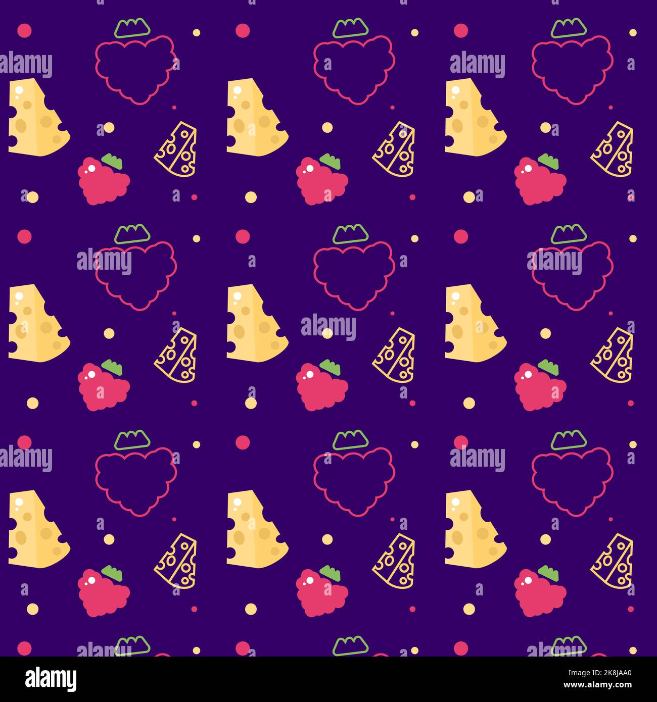 Seamless pattern with raspberry fresh fruit and hard cheese. A ...