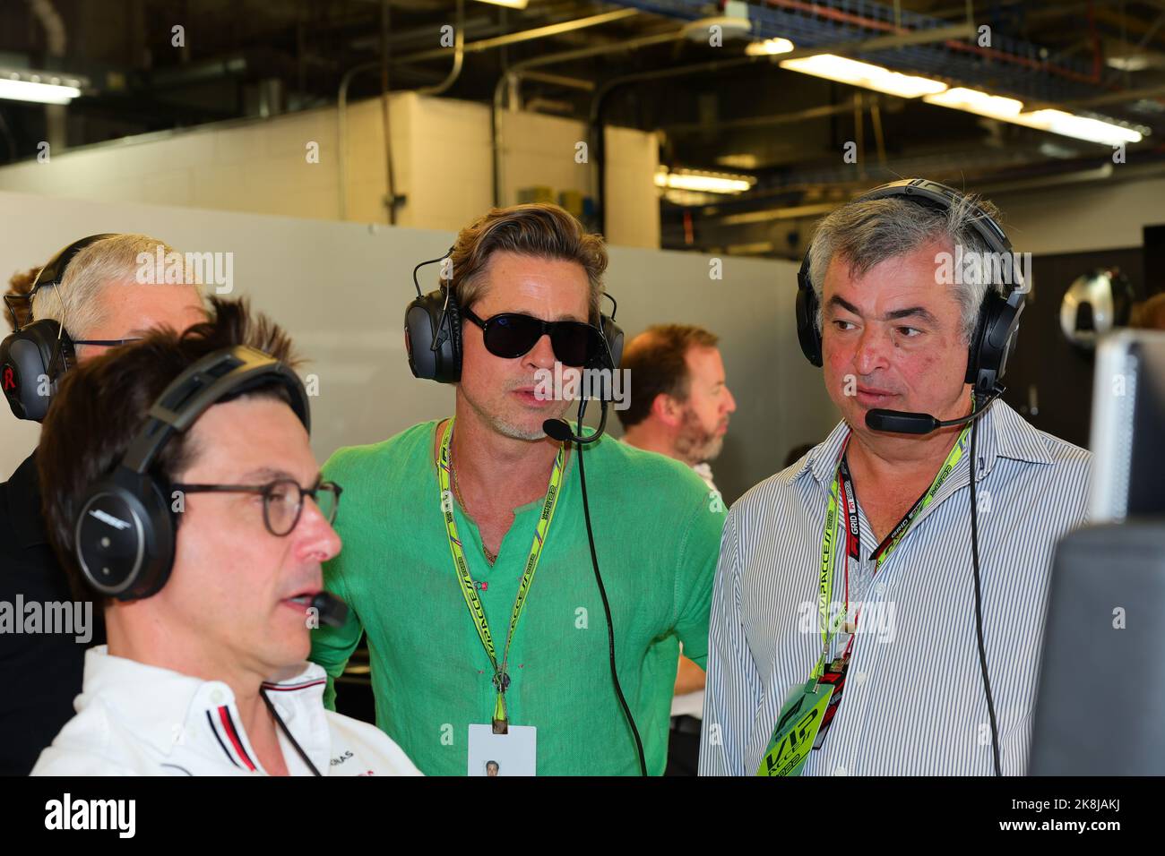 PITT Brad, actor, in the Mercedes AMG F1 Team garage with WOLFF Toto (aut), Team Principal & CEO ...