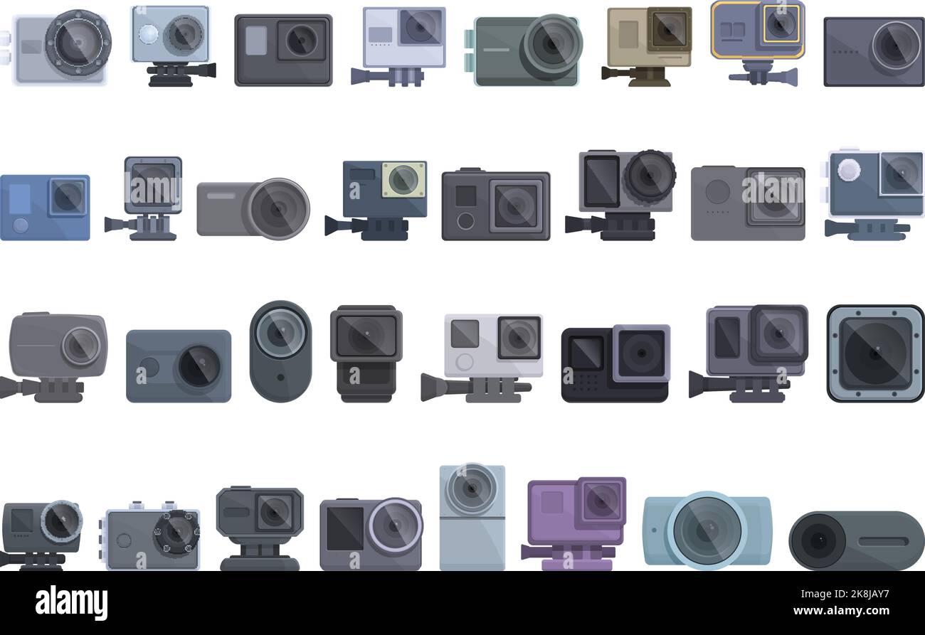 Camera go pro icons set cartoon vector. Action camera. 4k cam Stock ...