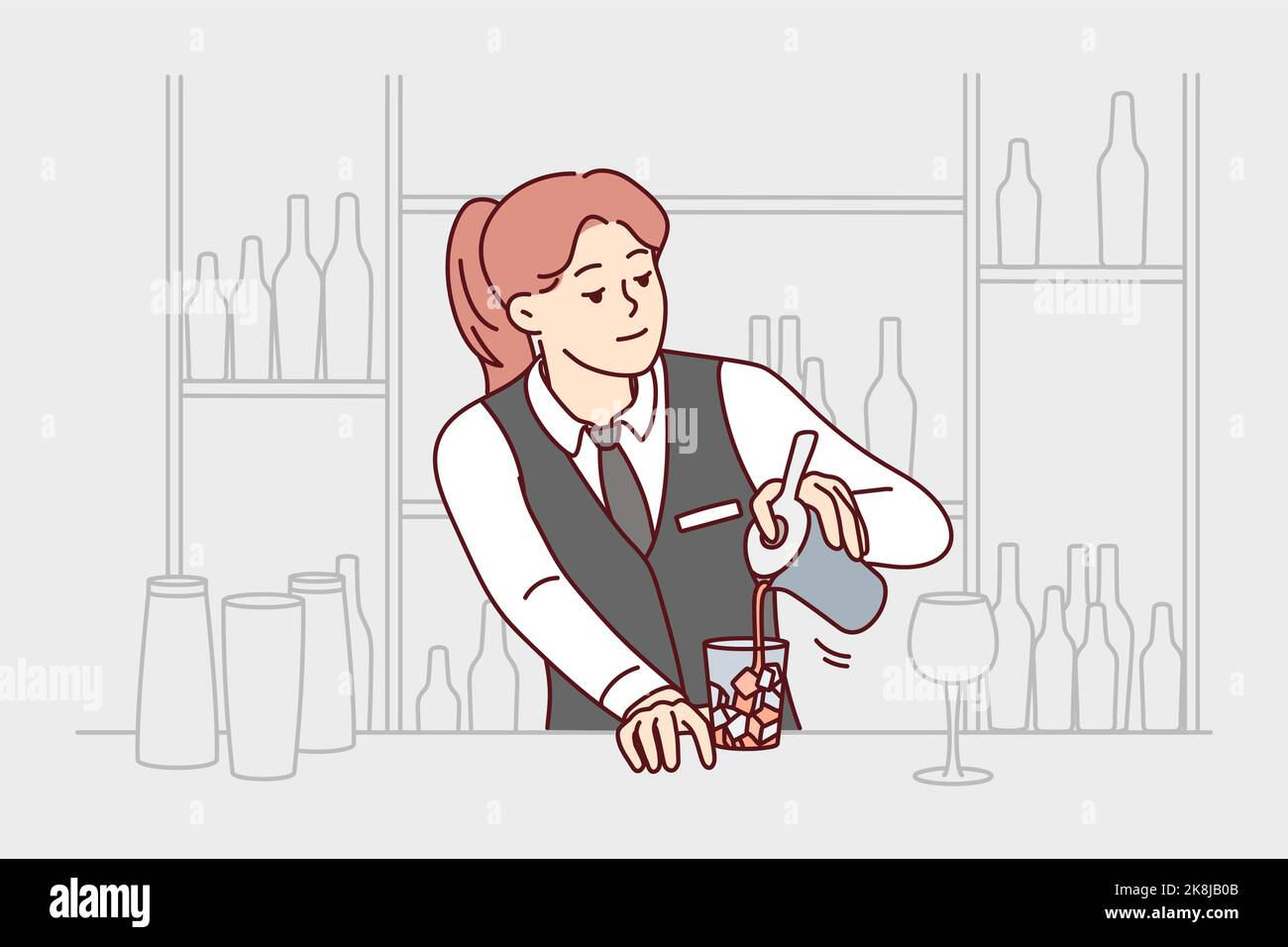 Bartender in uniform making cocktail at bar. Smiling female waitress make drink in restaurant at ...