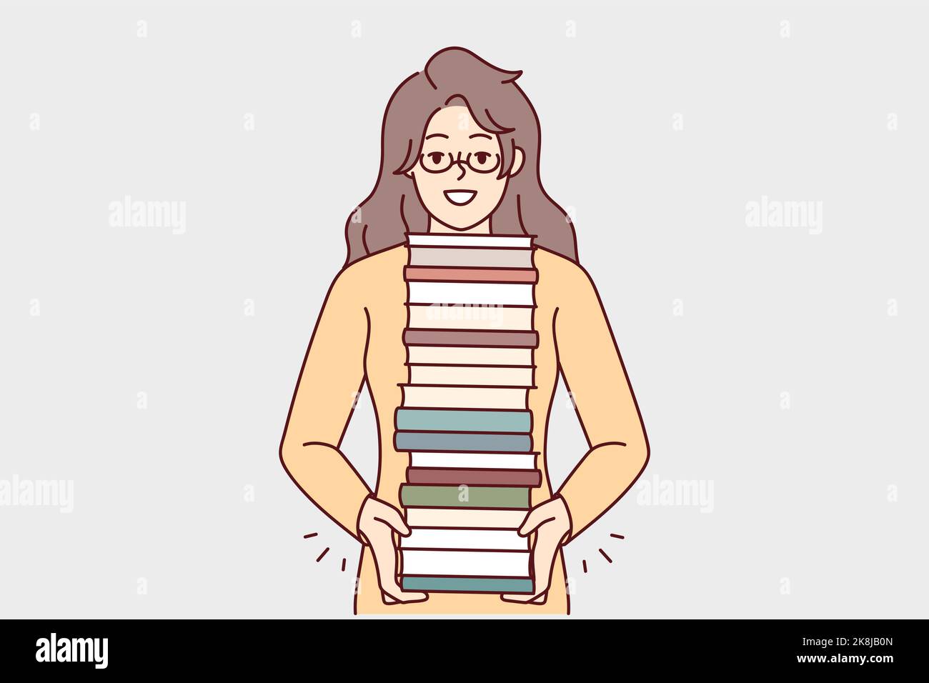 Smiling young woman in glasses with pile of books enjoy reading. Happy ...