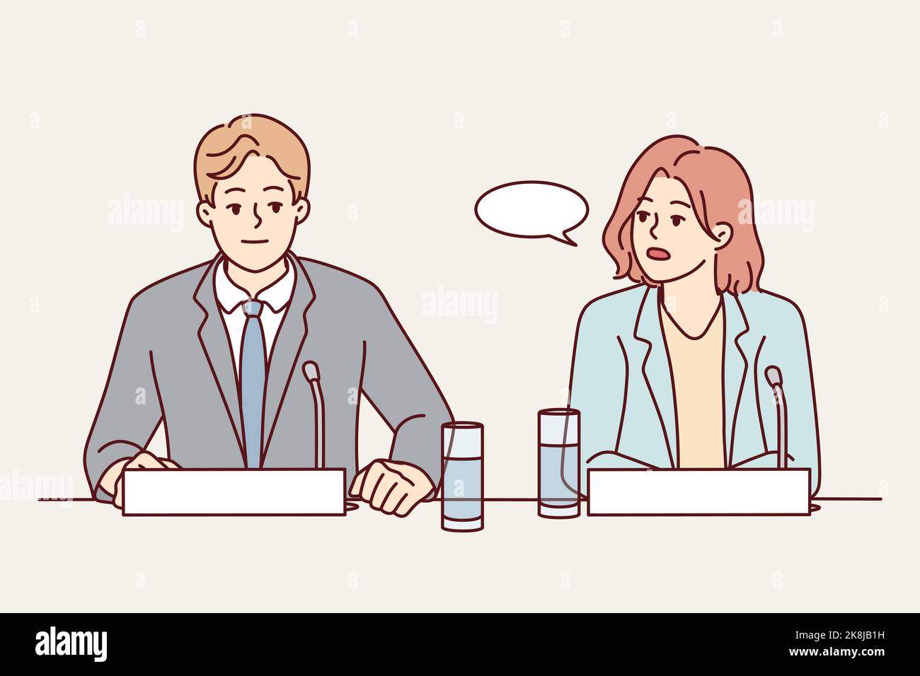 Businesspeople sit at desk at meeting speak in microphones. Employees ...