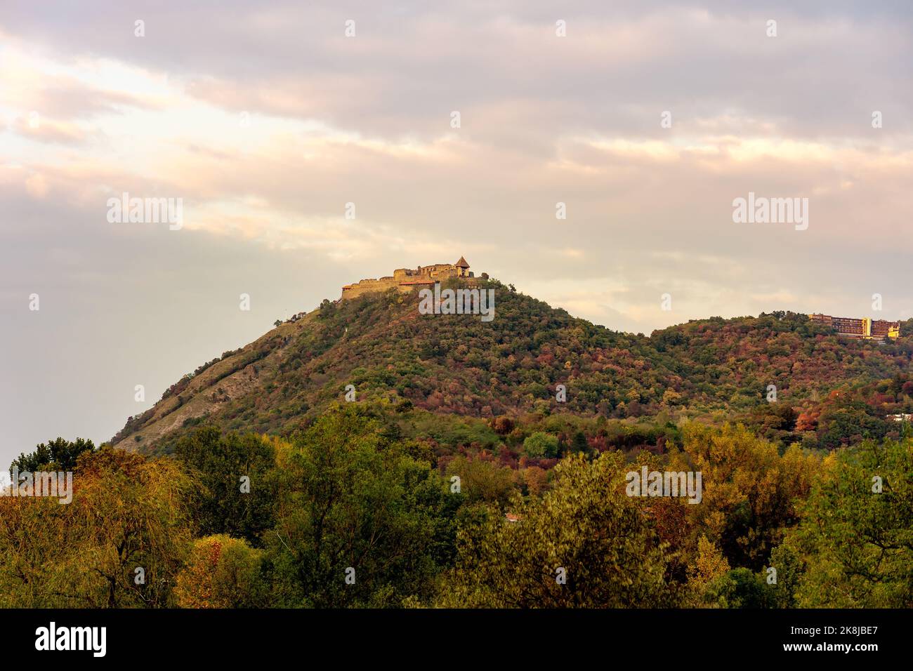 Visegard castle on the hill in Hungary at the Danube bend with Pilis ...