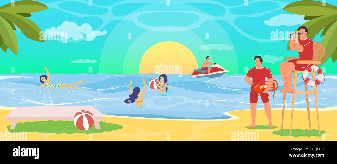 Tropical beach lifeguard at work flat vector Stock Vector Image & Art ...