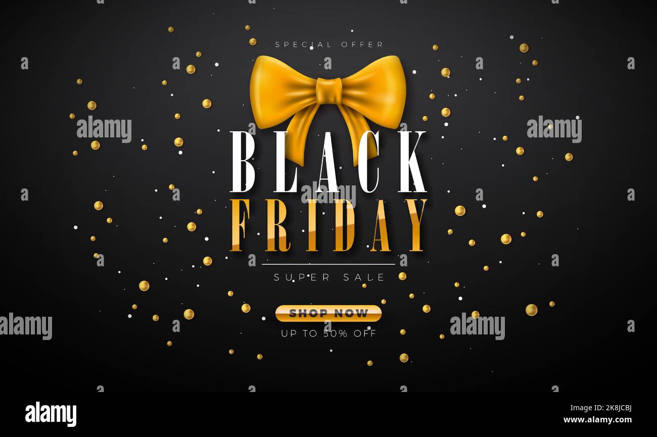 Black Friday Super Sale Illustration with Gold Lettering and Golden Bow ...