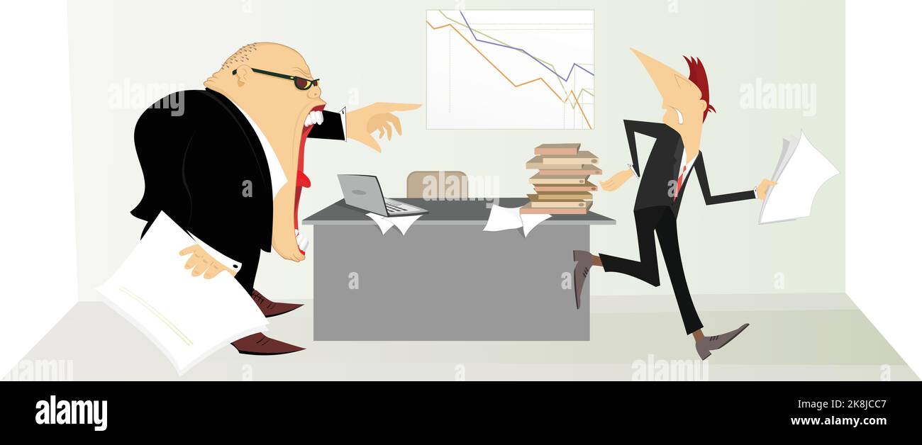 Angry boss and employee man illustration. Angry chief scolds his ...