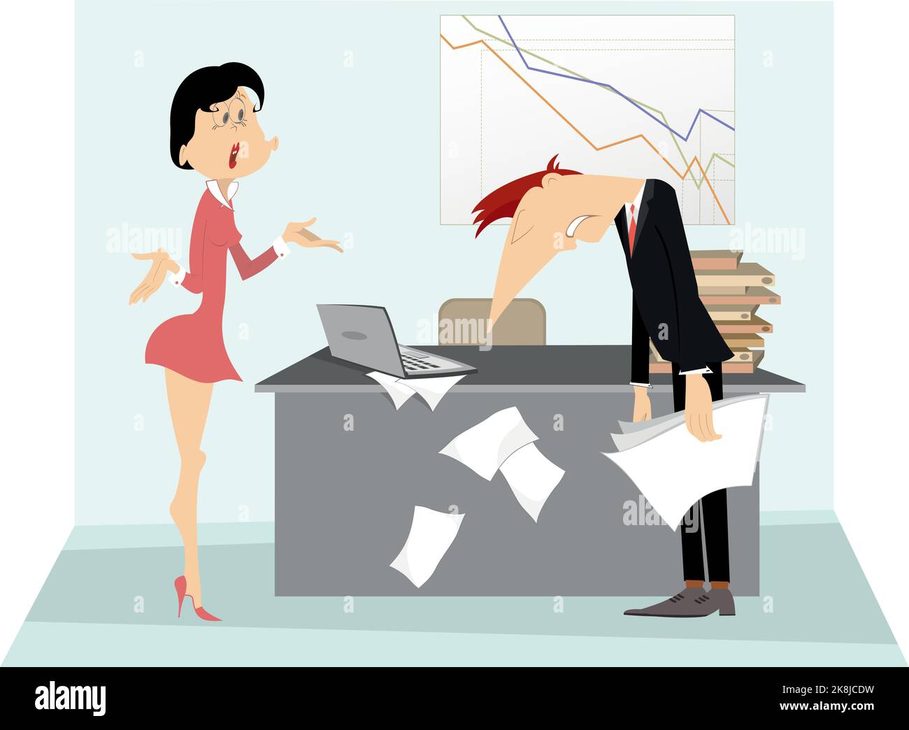 Angry boss woman and employee man illustration. Angry chief woman ...