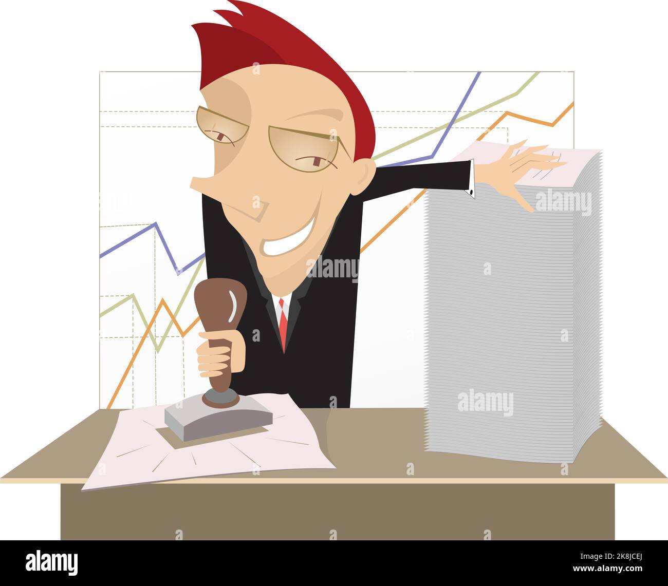 Cartoon cheerful businessman stamps on documents Stock Vector Image ...
