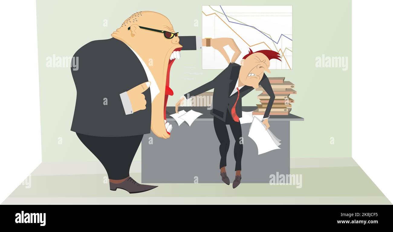 Angry boss and employee illustration. Angry chief scolds his frightened ...