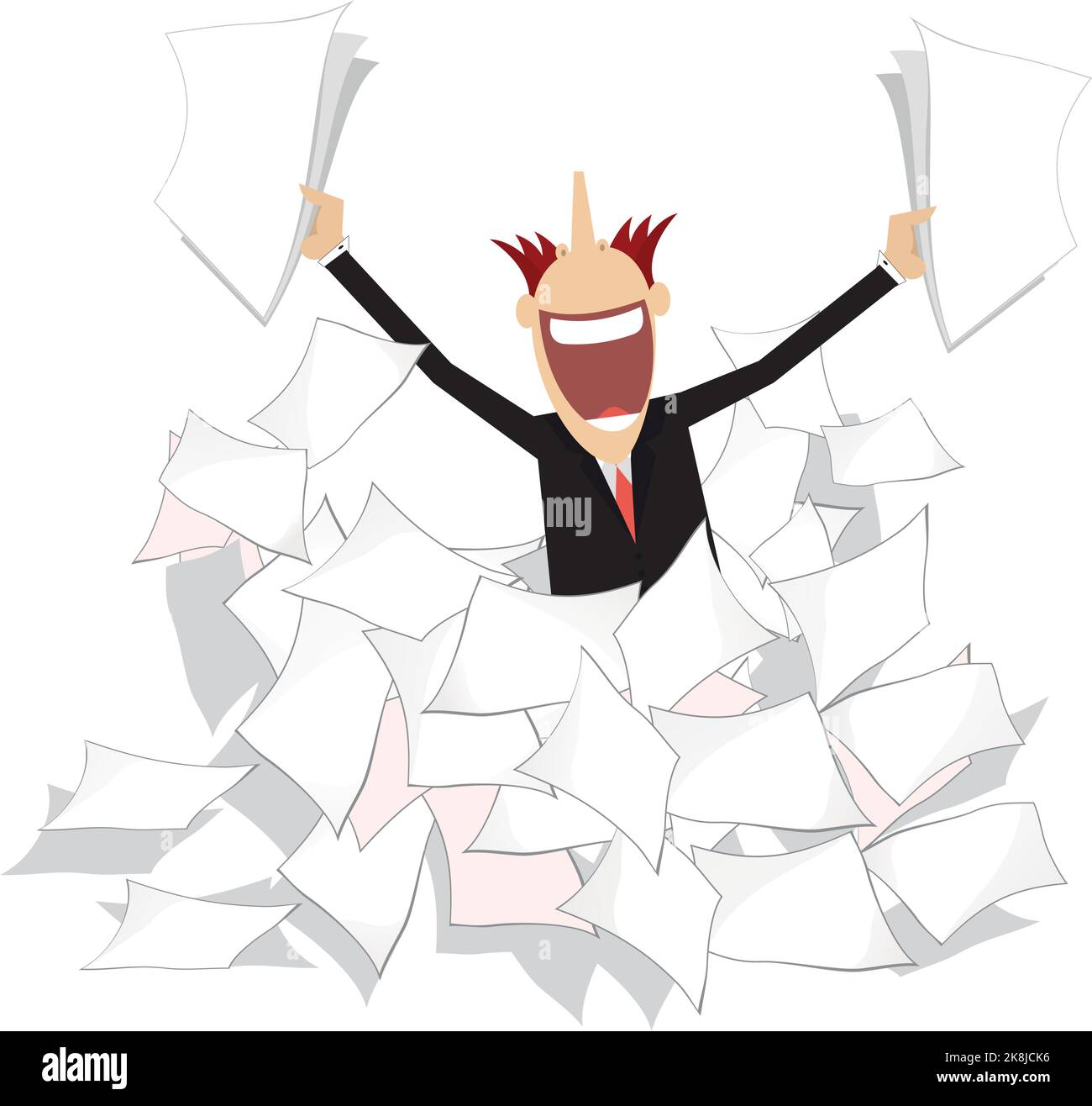 Man, pile of papers, positive emotion illustration. Happy young man ...