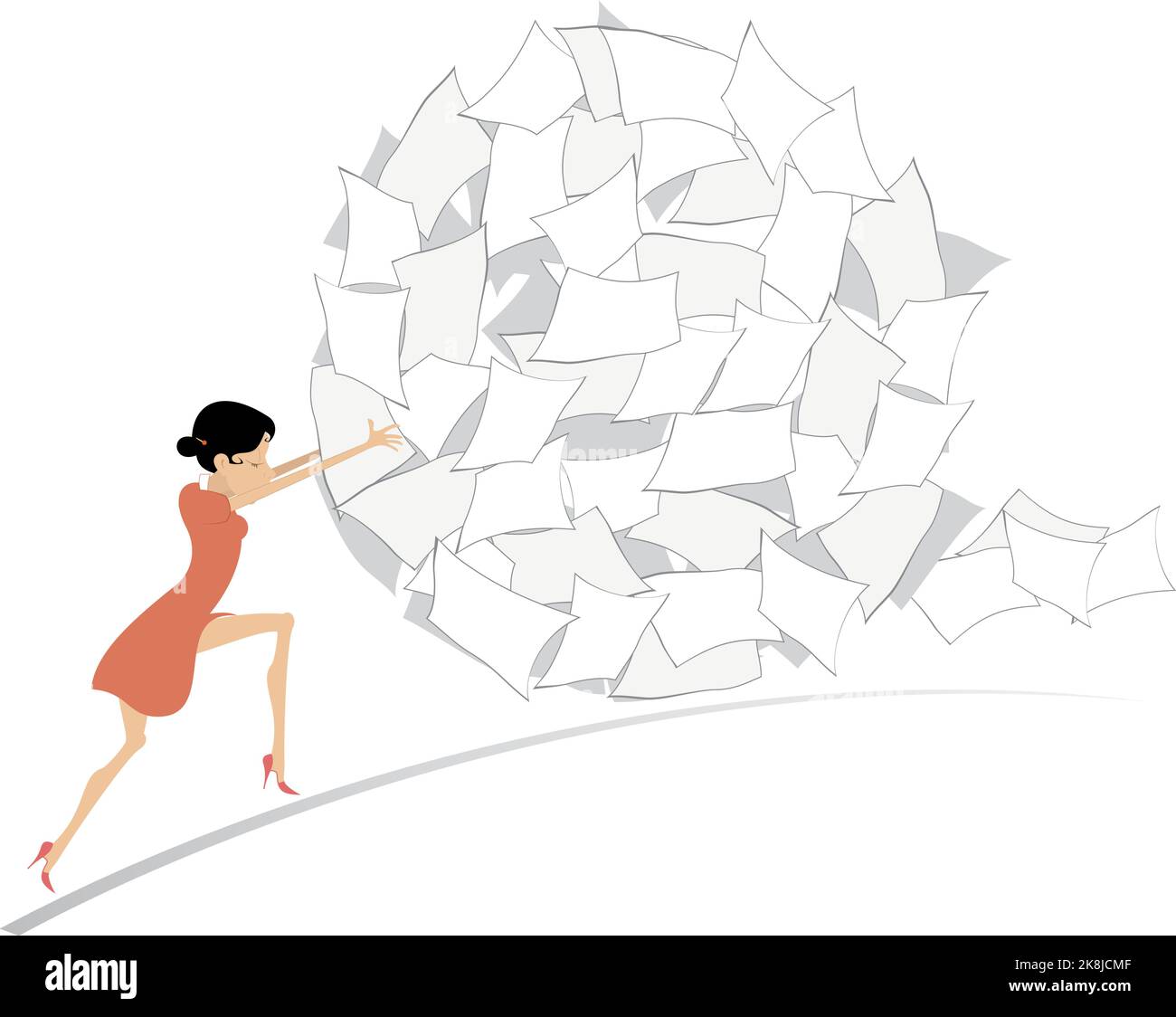Hard working woman concept illustration. Businesswoman rolls up a big ...